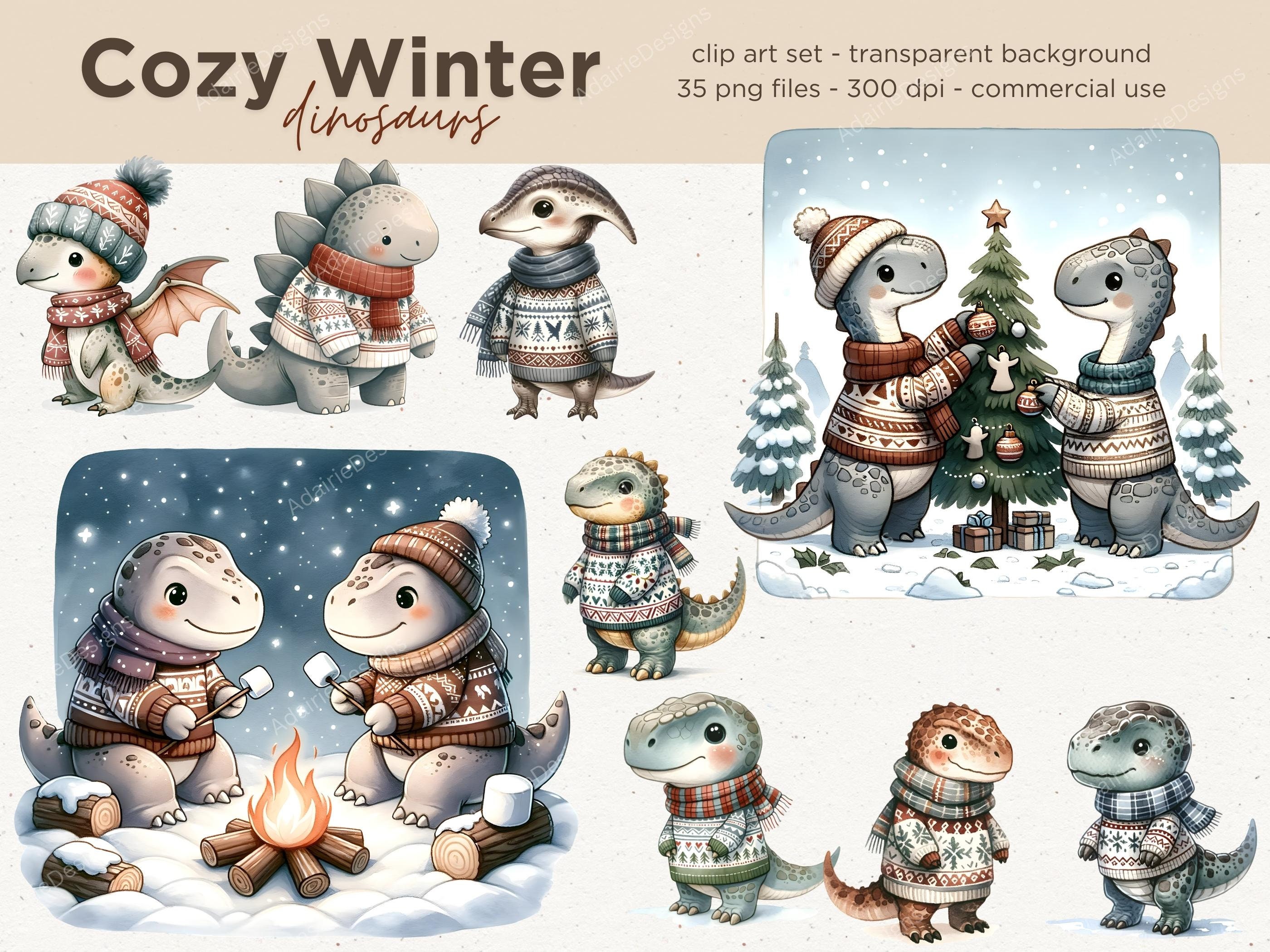 35 Cozy Winter Dinosaurs Clipart, Watercolor Clipart, Dinosaurs ...
