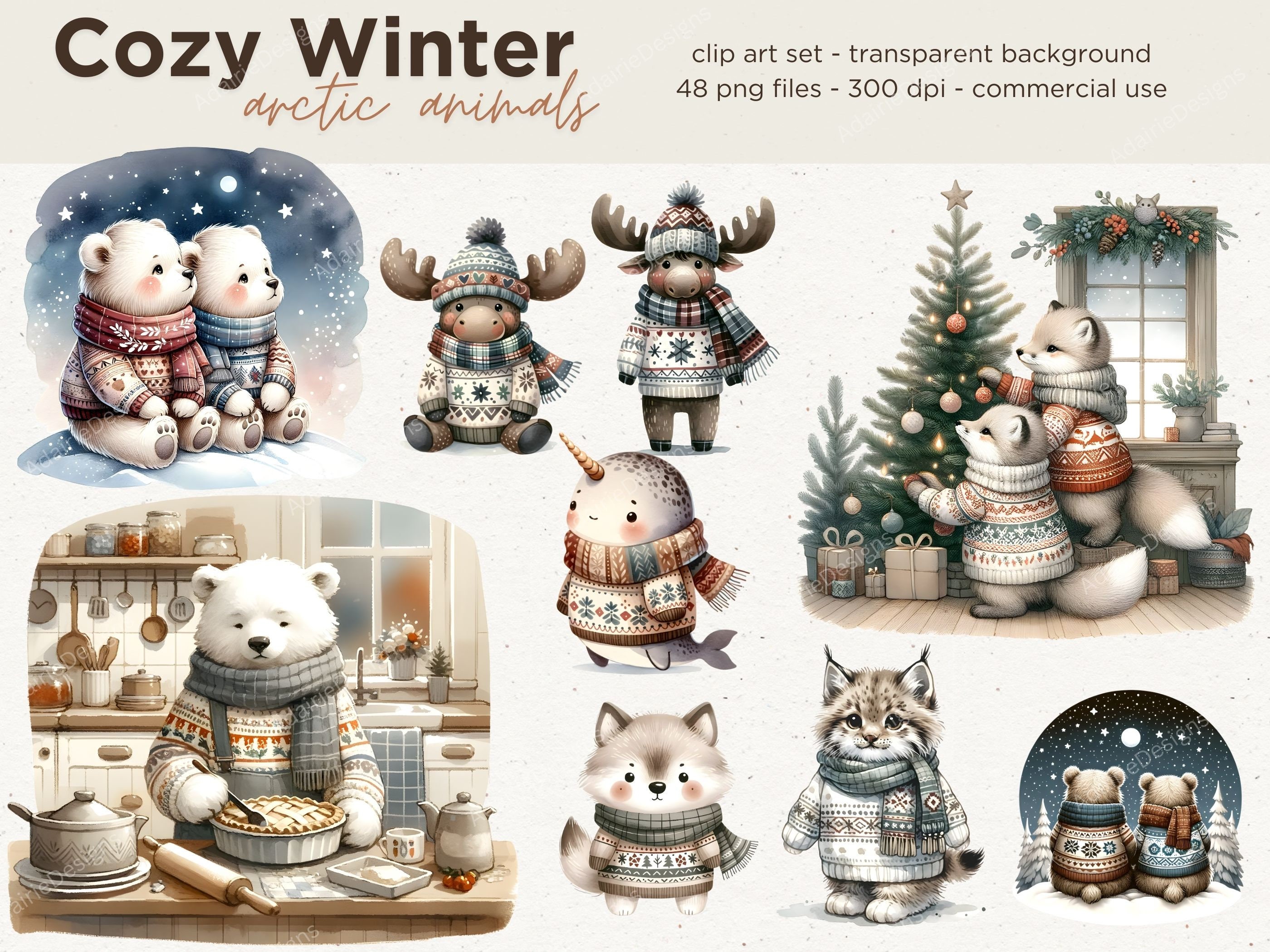 48 Cozy Winter Arctic Animals Clipart, Watercolor Clipart, Polar ...