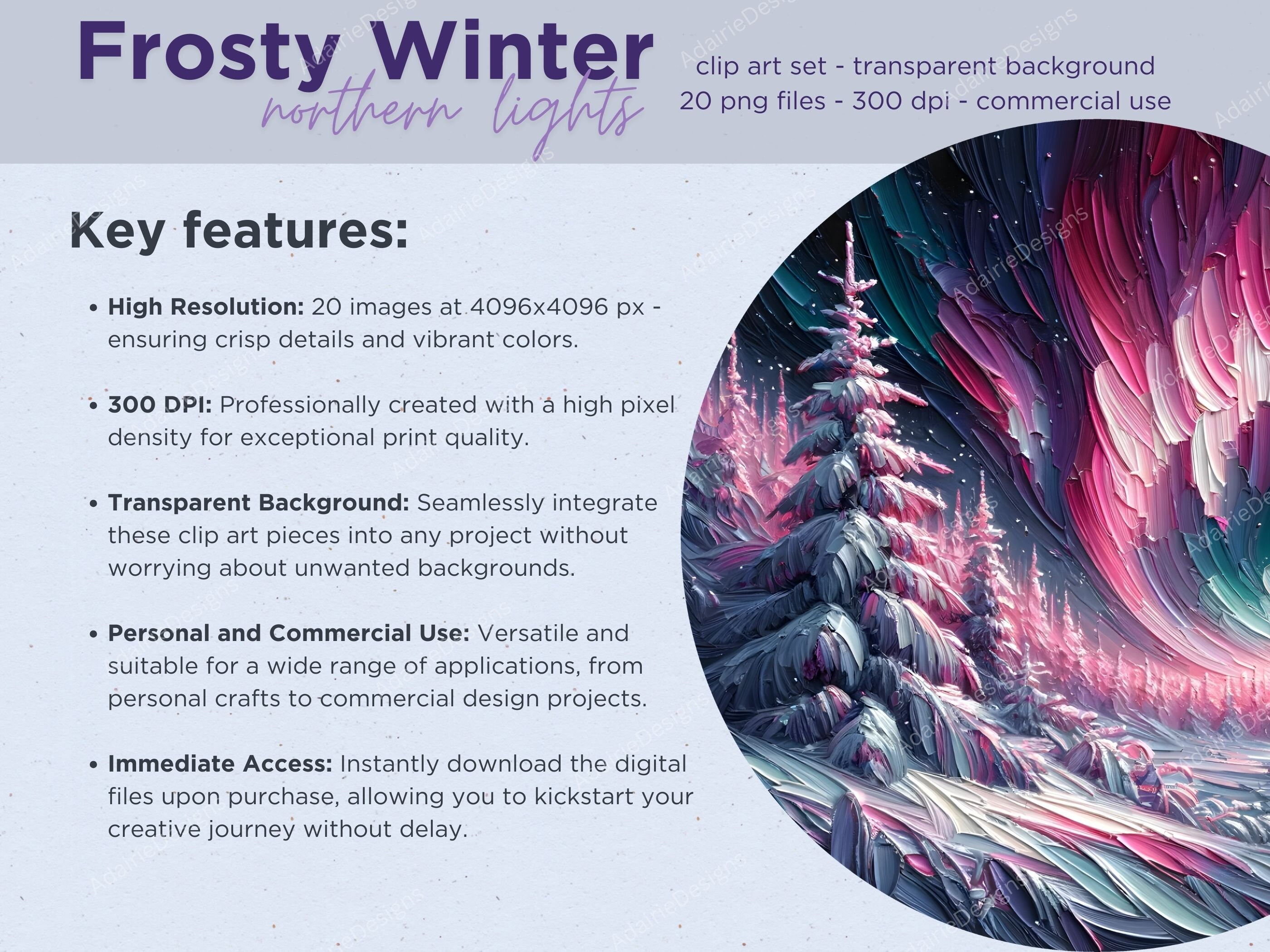 Frosty Winter Northern Lights Clipart, Aurora Borealis Clipart, Fantasy ...