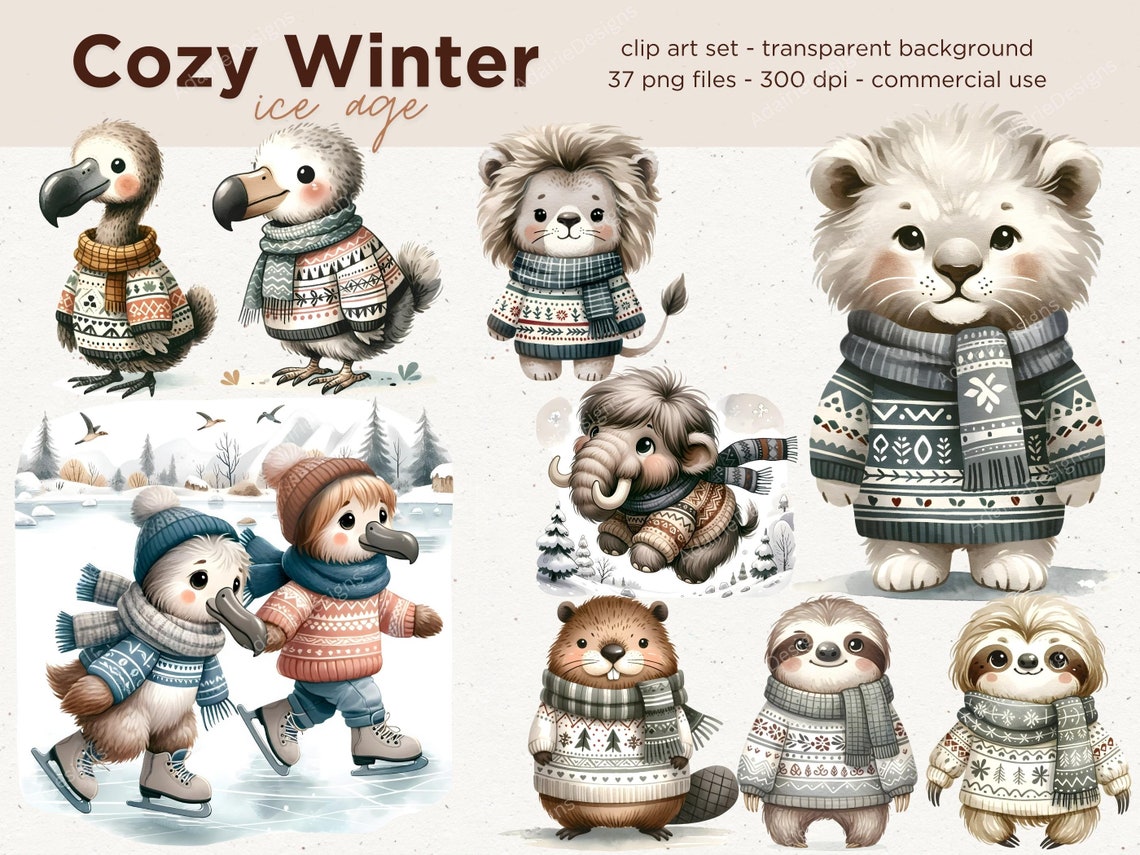 37 Cozy Winter Ice Age Clipart, Watercolor Clipart, Ice Age Animals ...