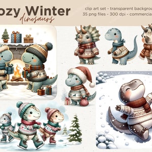 35 Cozy Winter Dinosaurs Clipart, Watercolor Clipart, Dinosaurs ...