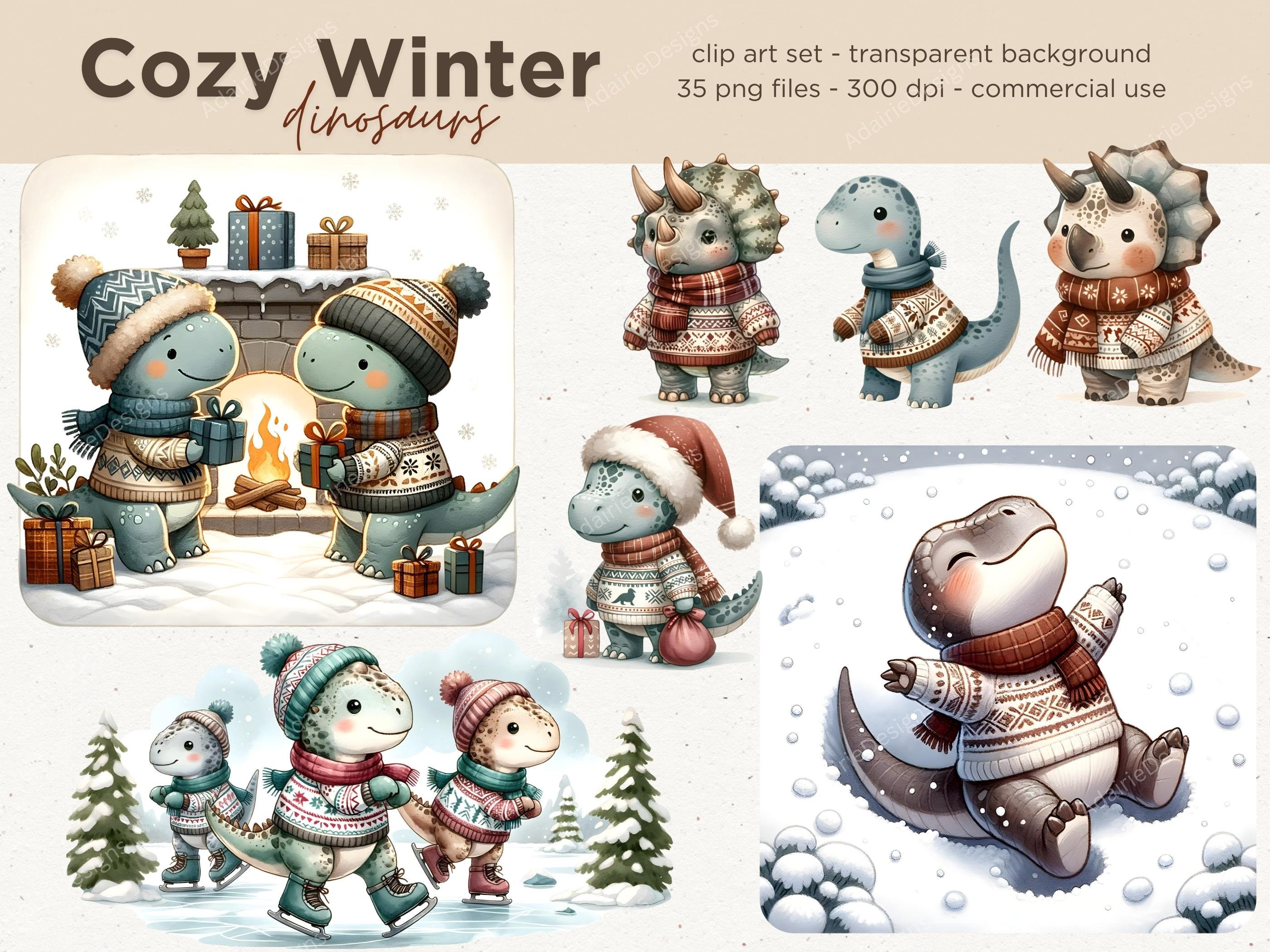 35 Cozy Winter Dinosaurs Clipart, Watercolor Clipart, Dinosaurs ...