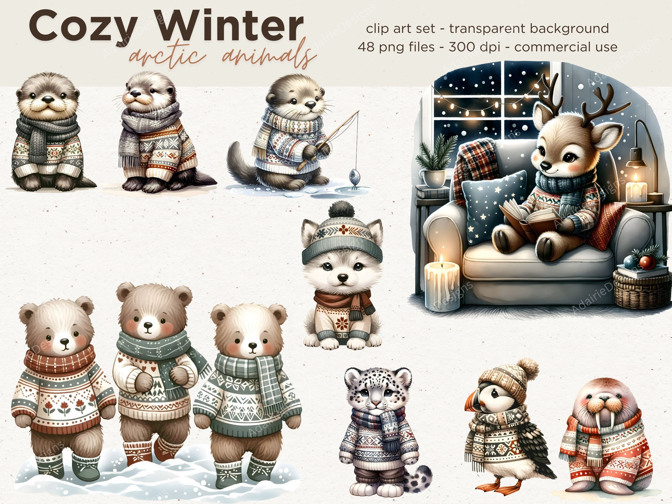 48 Cozy Winter Arctic Animals Clipart, Watercolor Clipart, Polar ...