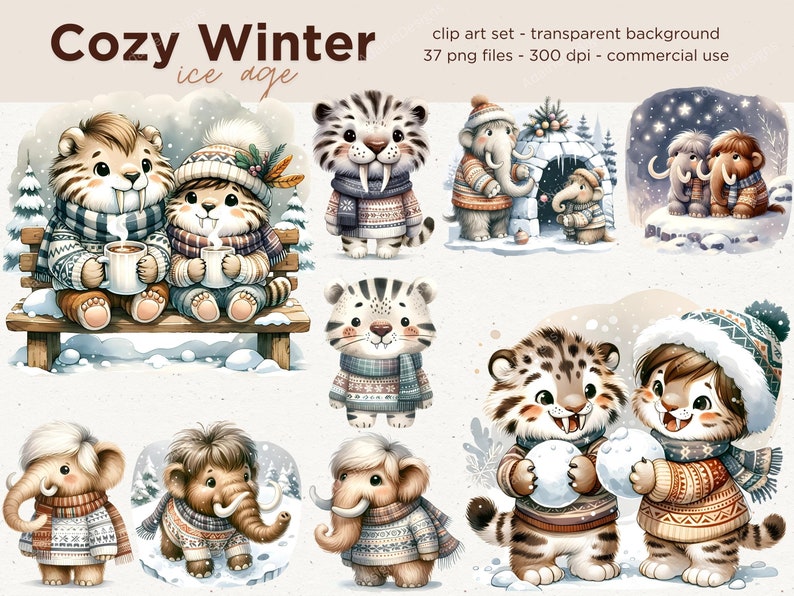 37 Cozy Winter Ice Age Clipart, Watercolor Clipart, Ice Age Animals ...