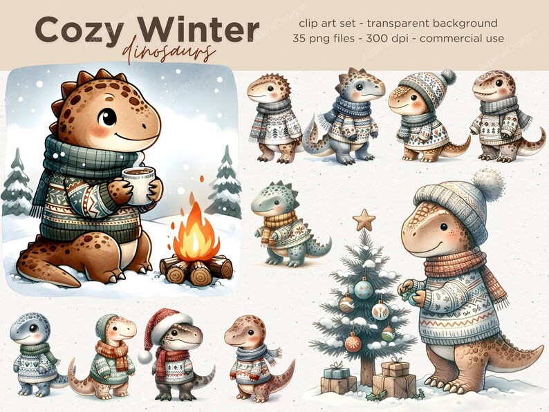 35 Cozy Winter Dinosaurs Clipart, Watercolor Clipart, Dinosaurs ...