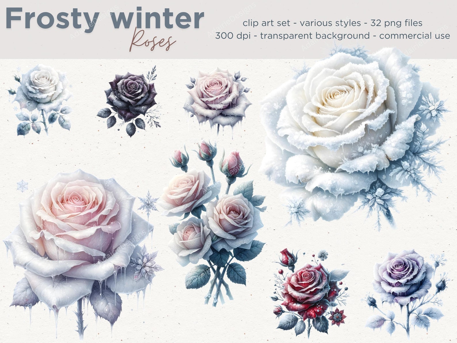 Frosty Winter Roses Clipart Floral, Flowers Clipart, Winter Clipart ...