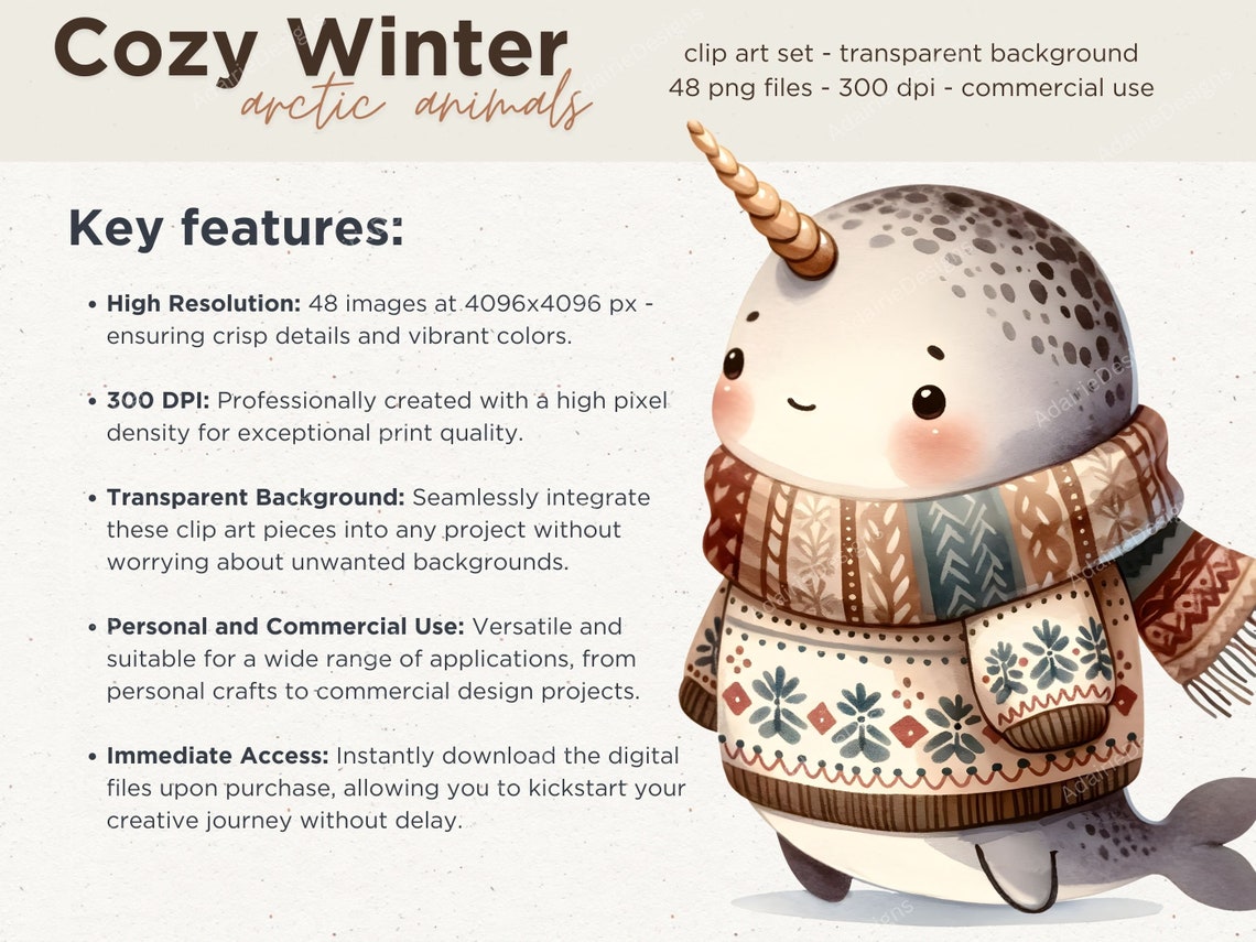 48 Cozy Winter Arctic Animals Clipart, Watercolor Clipart, Polar ...