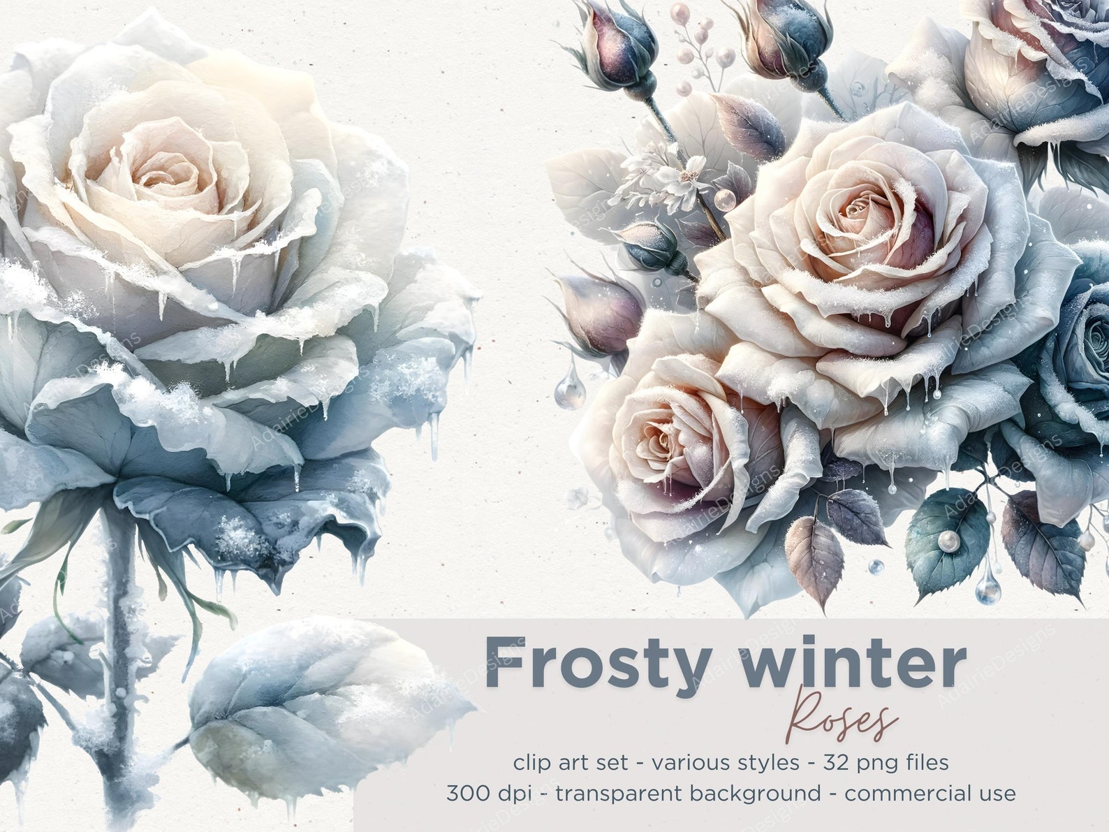 Frosty Winter Roses Clipart Floral, Flowers Clipart, Winter Clipart ...