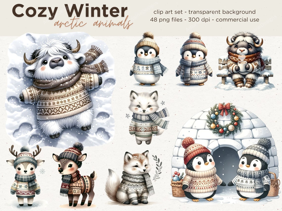 48 Cozy Winter Arctic Animals Clipart, Watercolor Clipart, Polar ...