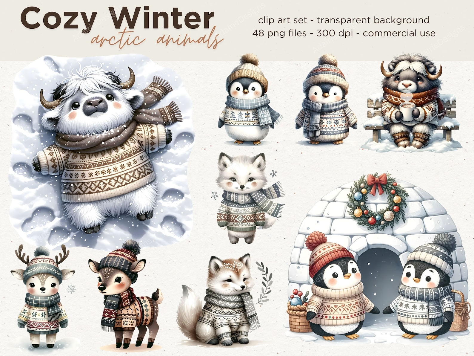 48 Cozy Winter Arctic Animals Clipart, Watercolor Clipart, Polar ...