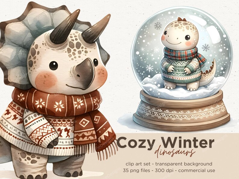35 Cozy Winter Dinosaurs Clipart, Watercolor Clipart, Dinosaurs Watercolor Graphics, Winter ...