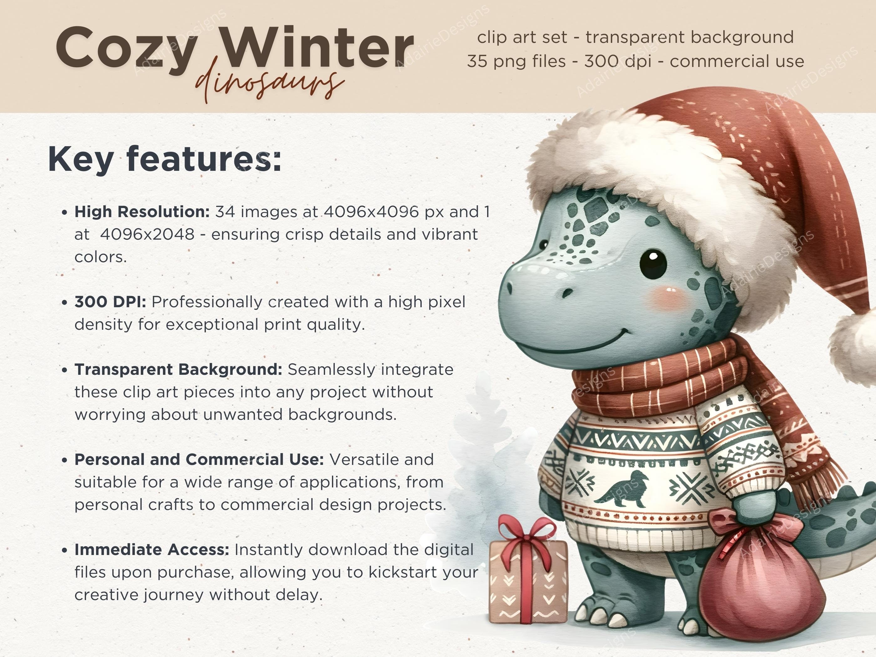 35 Cozy Winter Dinosaurs Clipart, Watercolor Clipart, Dinosaurs ...