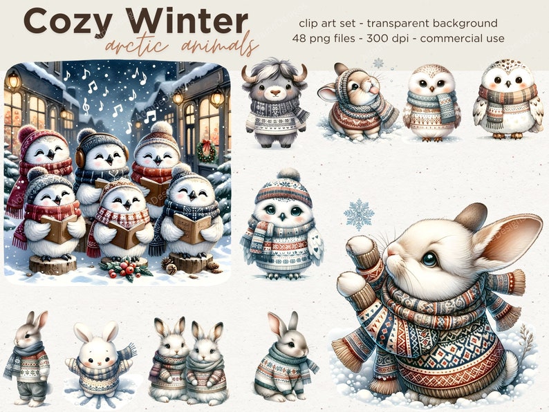 48 Cozy Winter Arctic Animals Clipart, Watercolor Clipart, Polar ...