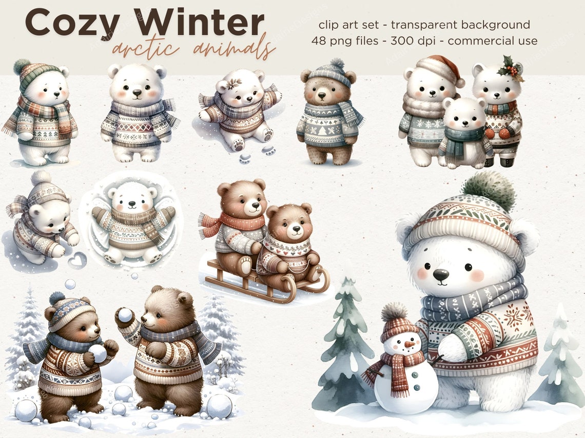 48 Cozy Winter Arctic Animals Clipart, Watercolor Clipart, Polar ...