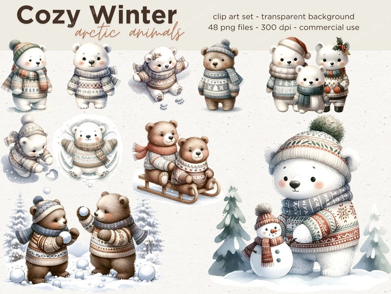 48 Cozy Winter Arctic Animals Clipart, Watercolor Clipart, Polar ...