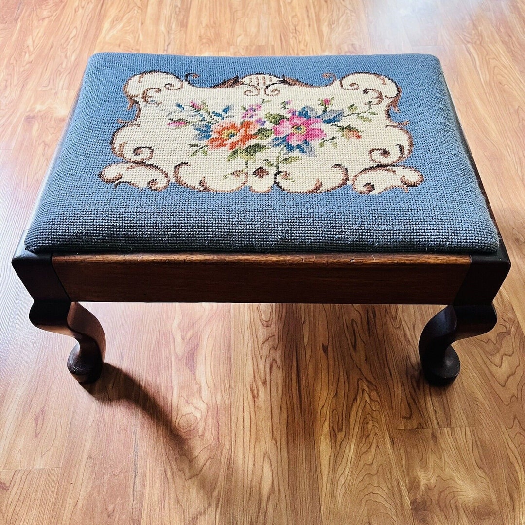 Antique Queen Anne Style Footstool Needlepoint Embroidered Mahogany Ottoman Gray - Etsy