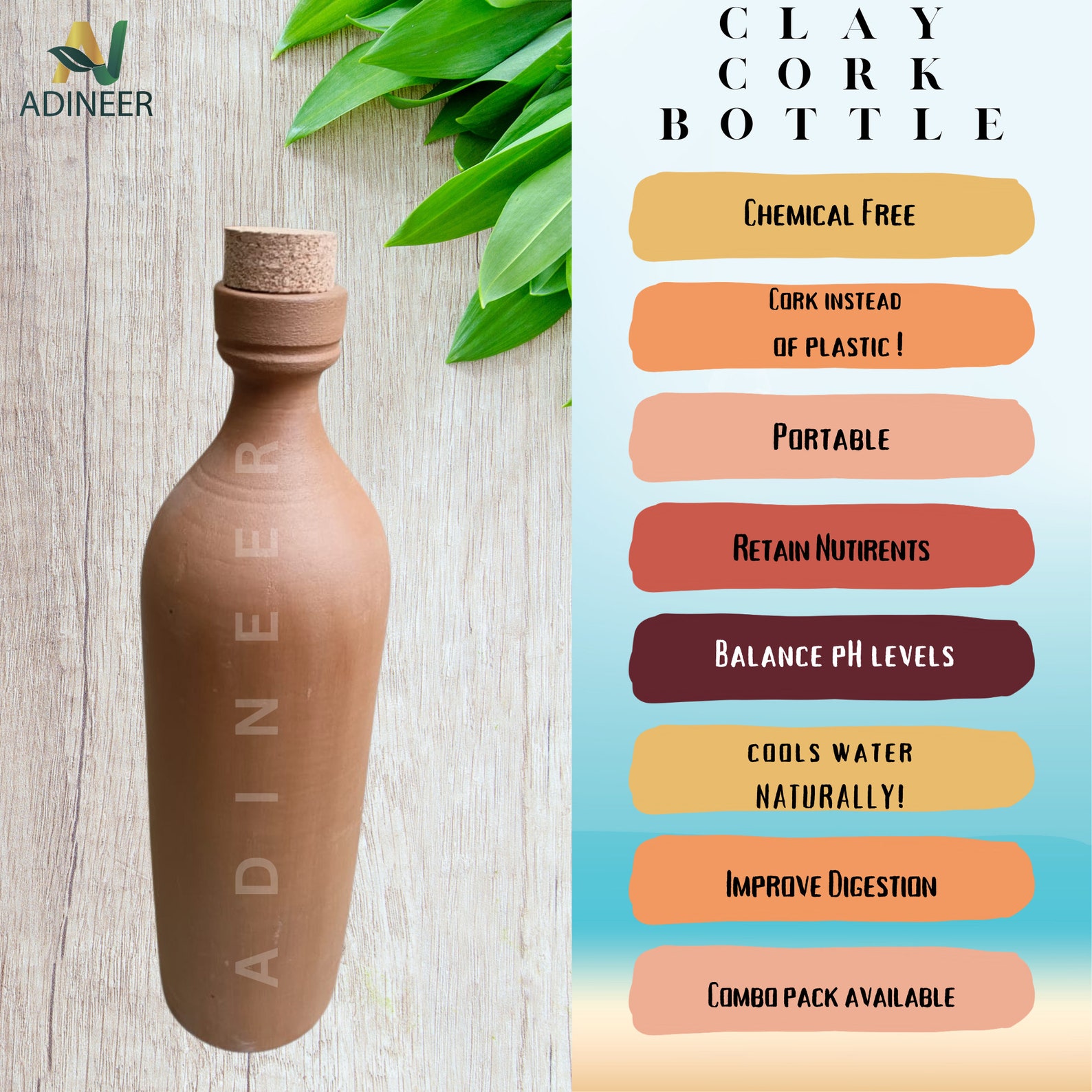100% Eco Friendly Hand Made 1L Clay Water Bottle With Cork/ Terracotta ...