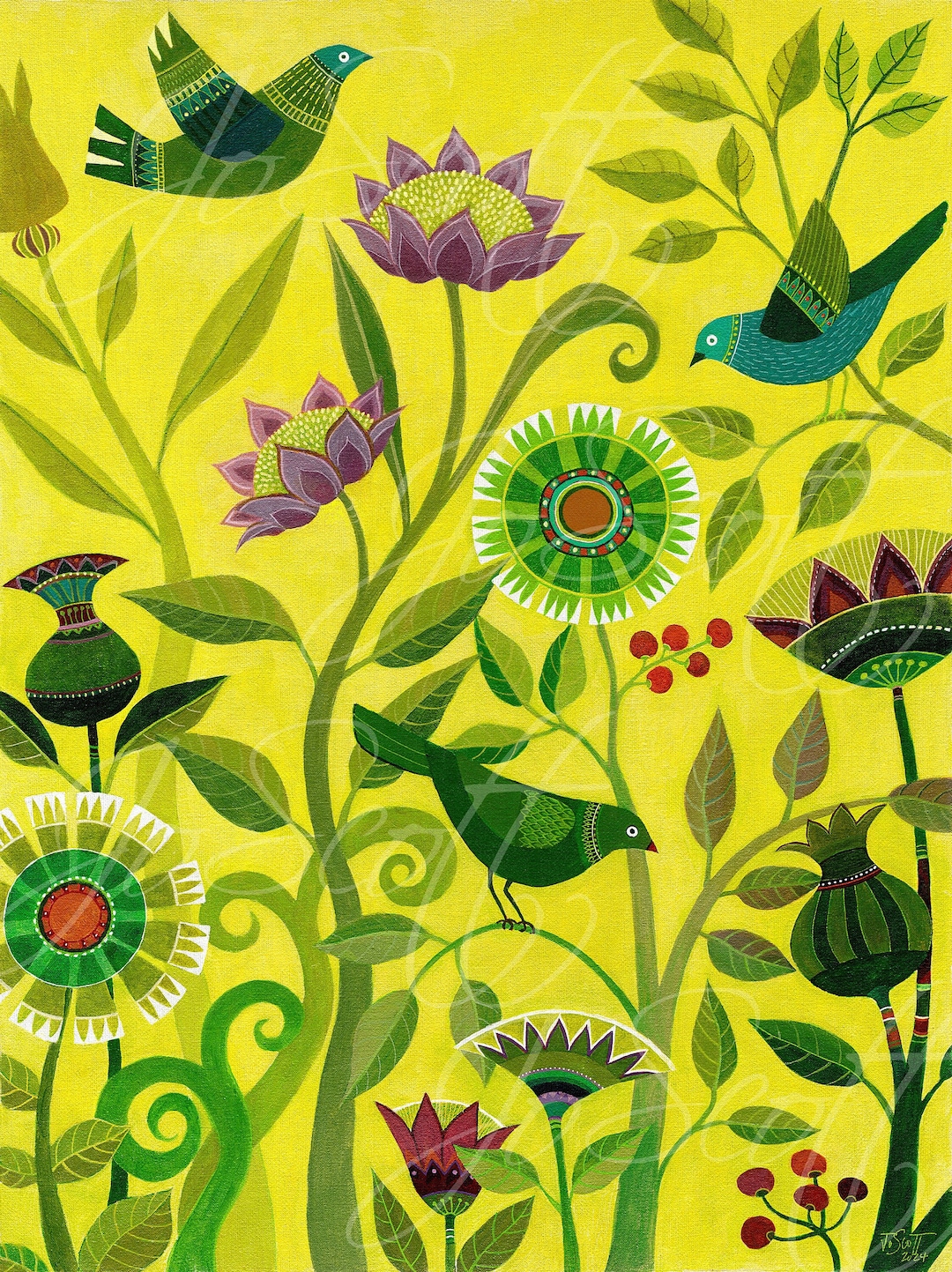 Larissa's Birds, a Bird Floral Painting in Yellows and Greens, Naive ...