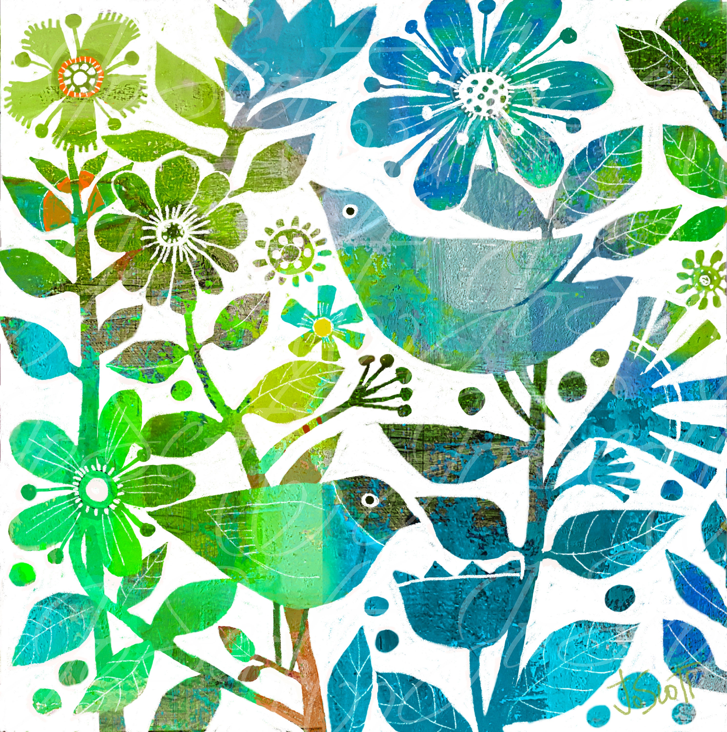 Celebration in Blue. Bird Floral Art, Digital Download - Etsy