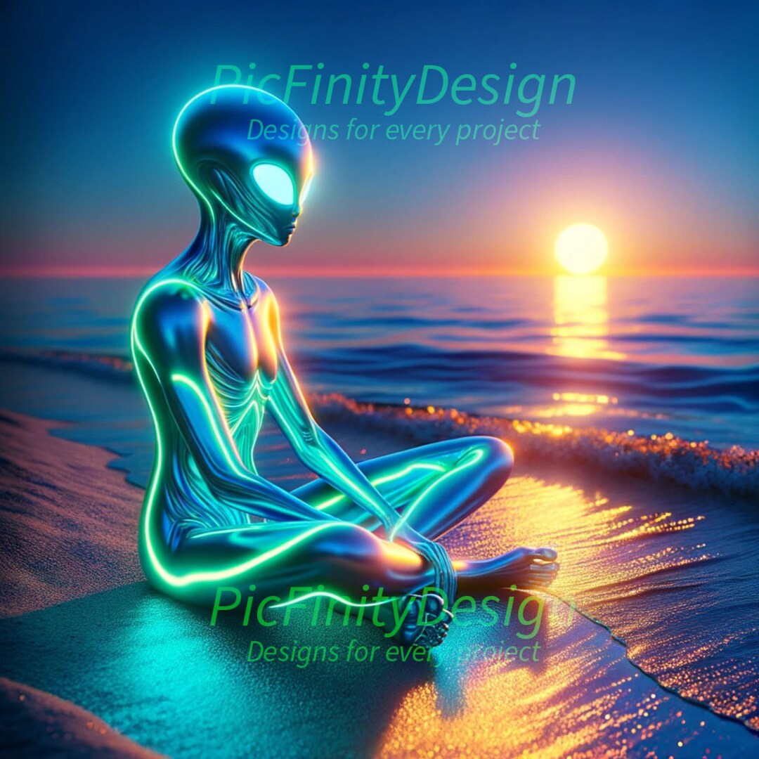 Alien Image of an Alien Sitting on the Beach at Sunset. 300 DPI A3/A4 ...