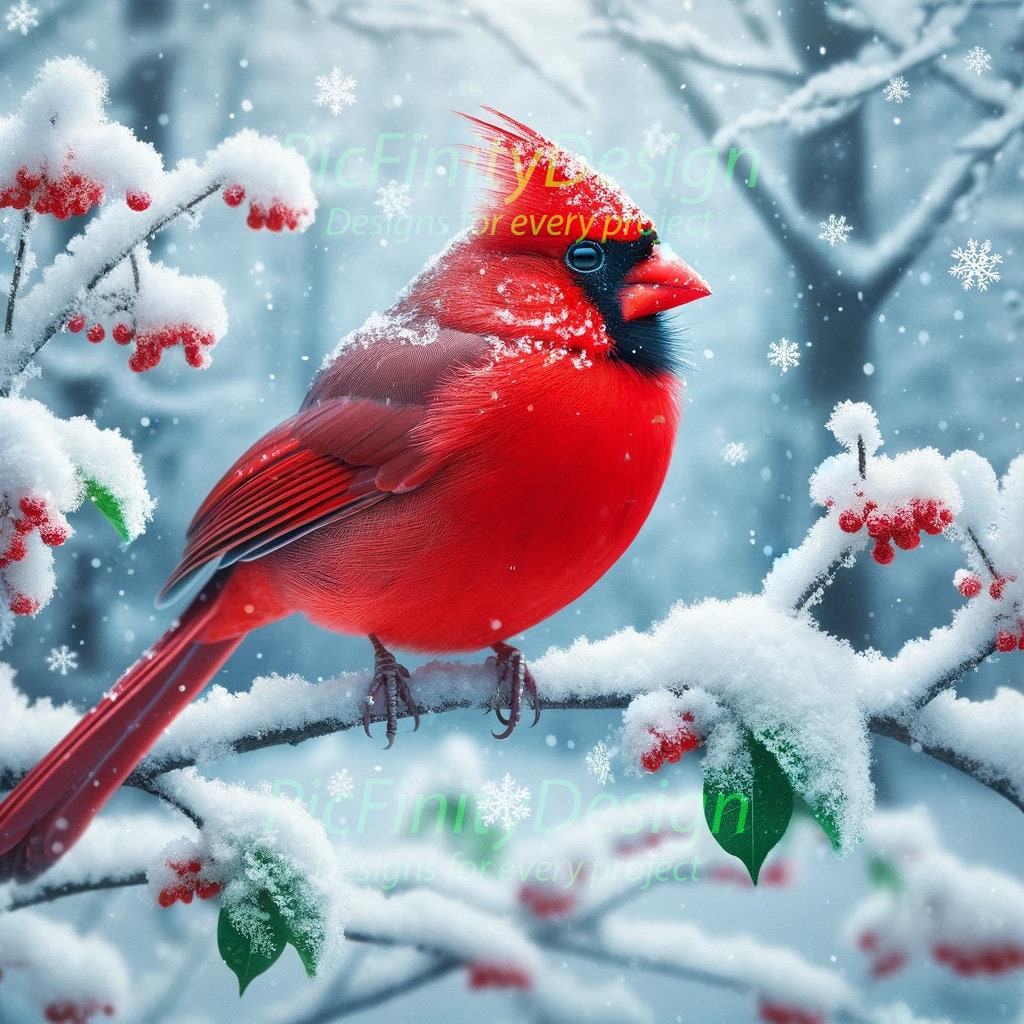 Christmas Image of a Red Cardinal in the Snow. 300 DPI Resolution A3/A4 ...
