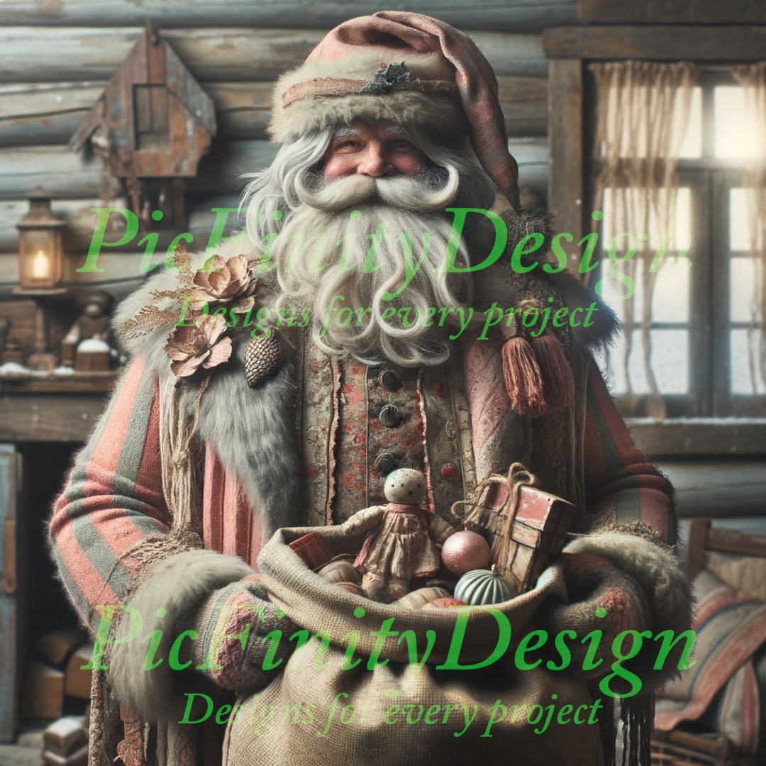 Christmas Image: Father Christmas, Log Cabin, Sack of Toys. 300 DPI A3 ...