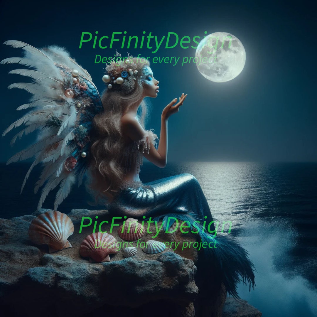 Fictional Image of a Mermaid by the Sea in the Moon Light. 300 DPI A3 ...