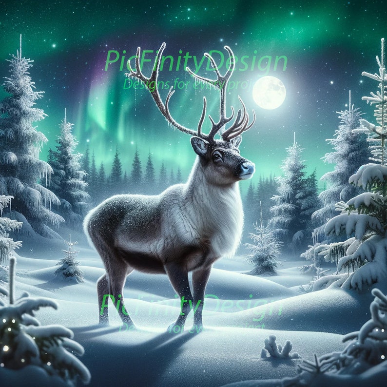 Christmas Image of a Reindeer, Northern Lights and Moon. 300 DPI A3/A4 ...