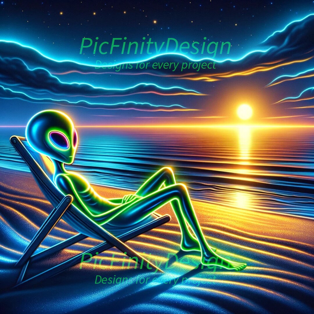 Alien Image of an Alien in a Deckchair at Sunset. 300 DPI A3/A4 Pdfs ...