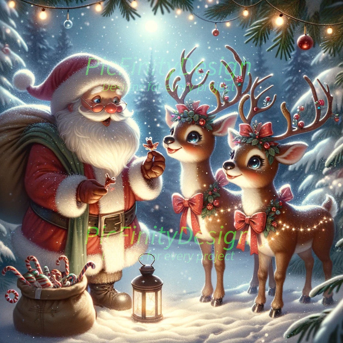 Christmas Image of Father Christmas With Two Reindeer. 300 DPI A3/A4 ...