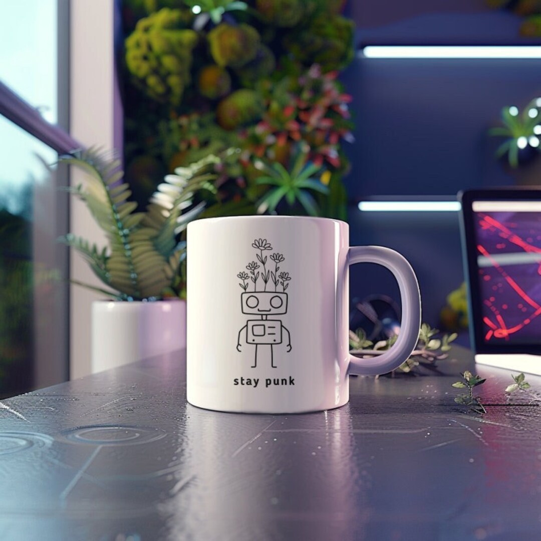 Stay Punk Cute Robot Mug White Ceramic Cup Flower Mug Tea Cup Coffee ...