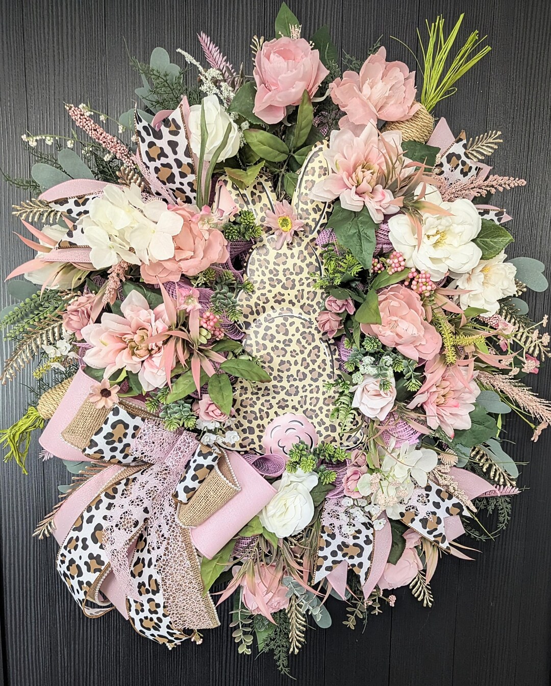 Leopard Print Bunny Easter Wreath, Floral Spring Door Decor, Large Pink ...