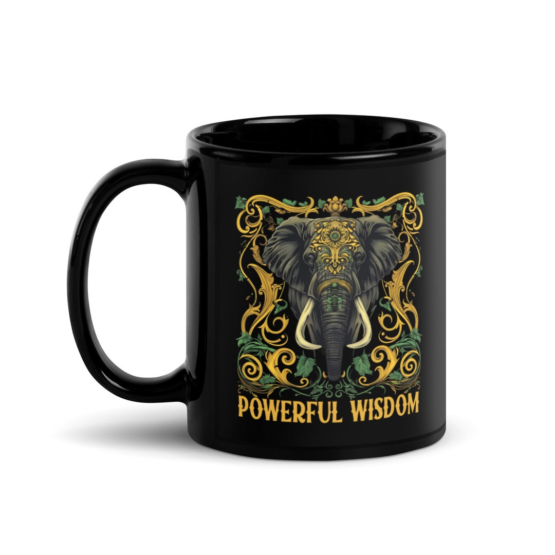 Black Glossy Mug, Elephant Design, Natur-inspired Design, Unique ...