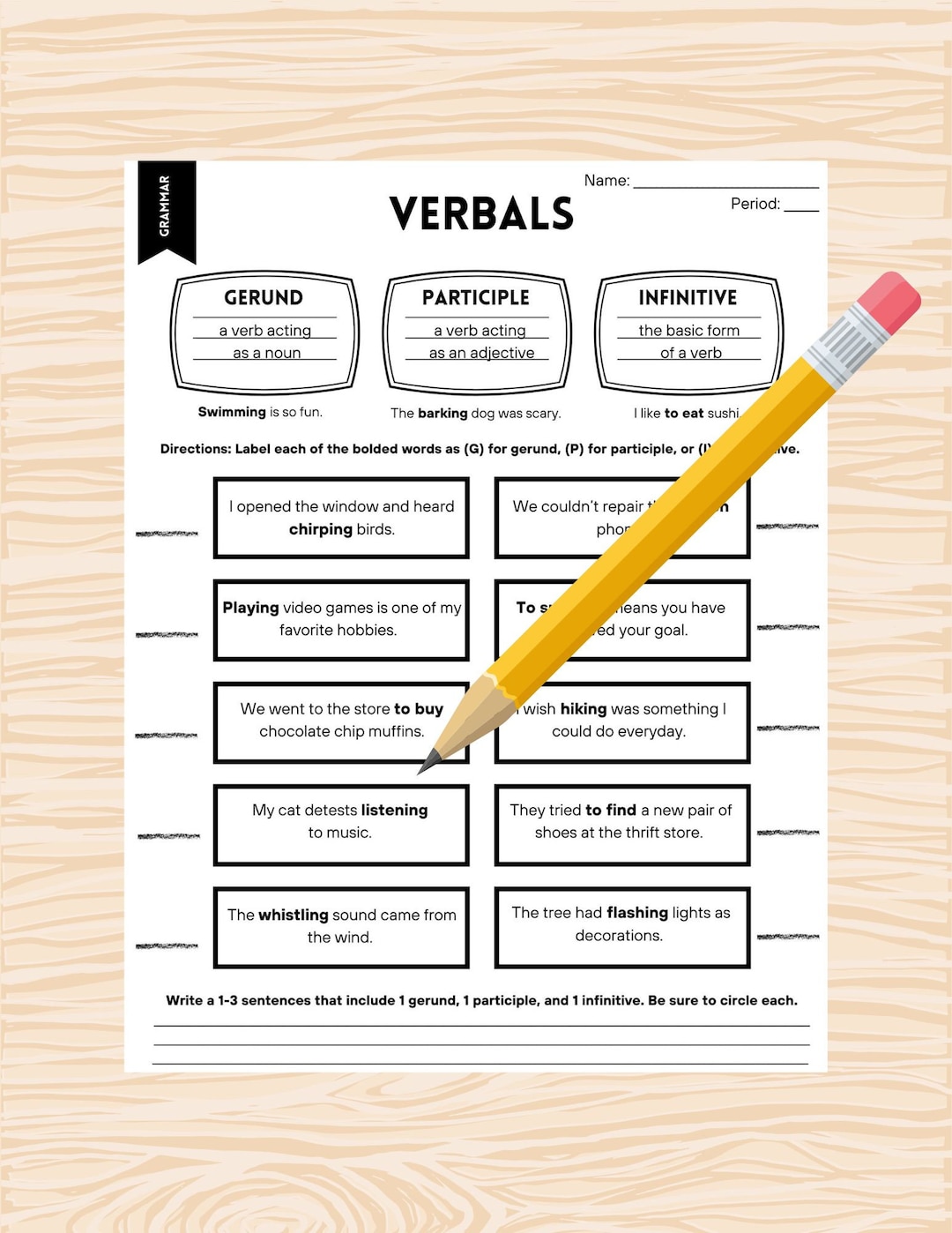 Verbals Worksheet for Secondary Students - Etsy