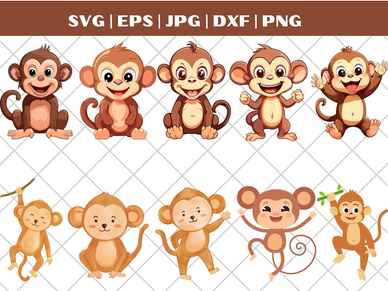 Cute Monkey SVG PNG Bundle, Baby Monkey SVG Pack, Cricut Clipart Files ...