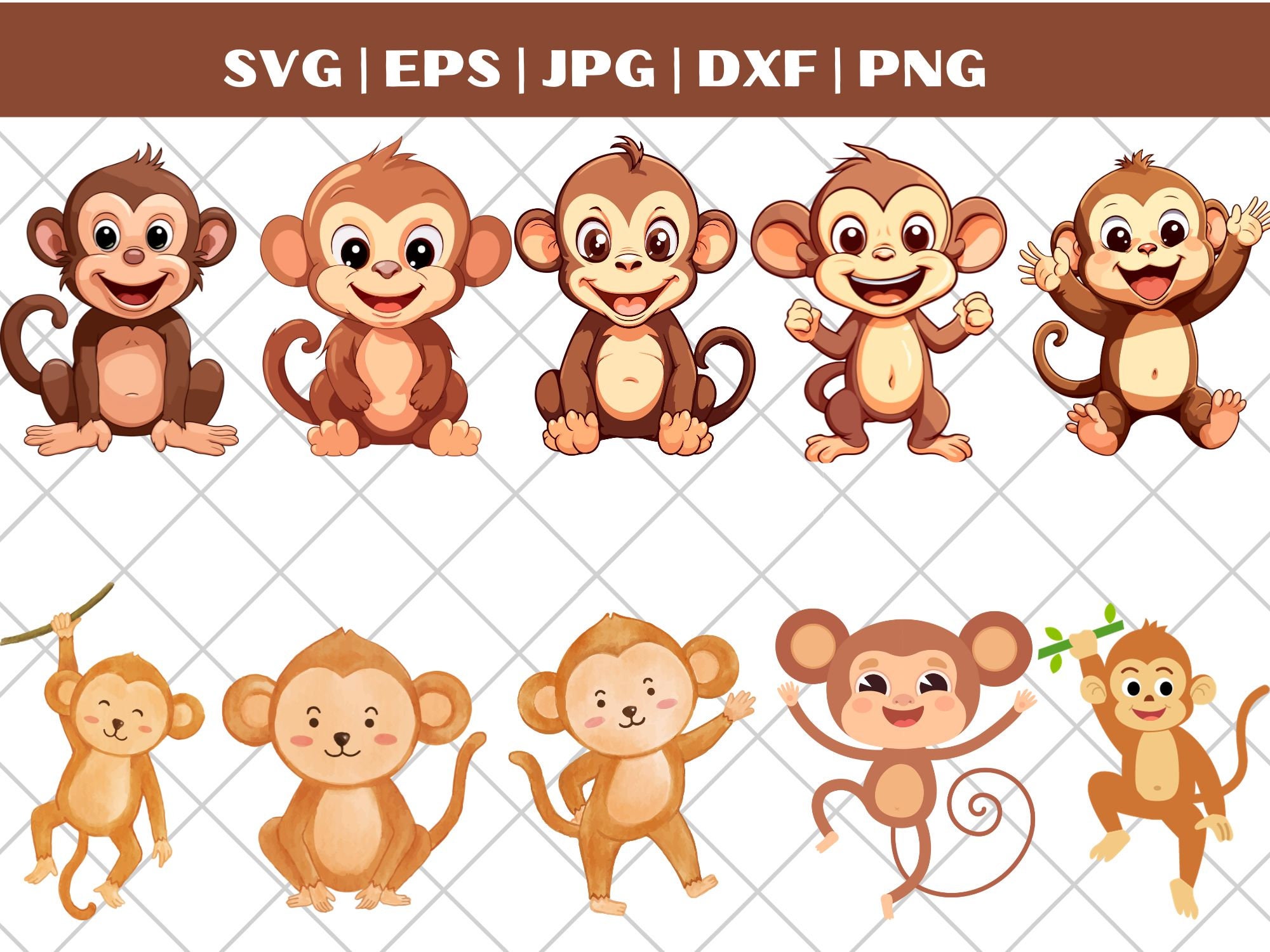 Cute Monkey SVG PNG Bundle, Baby Monkey SVG Pack, Cricut Clipart Files ...