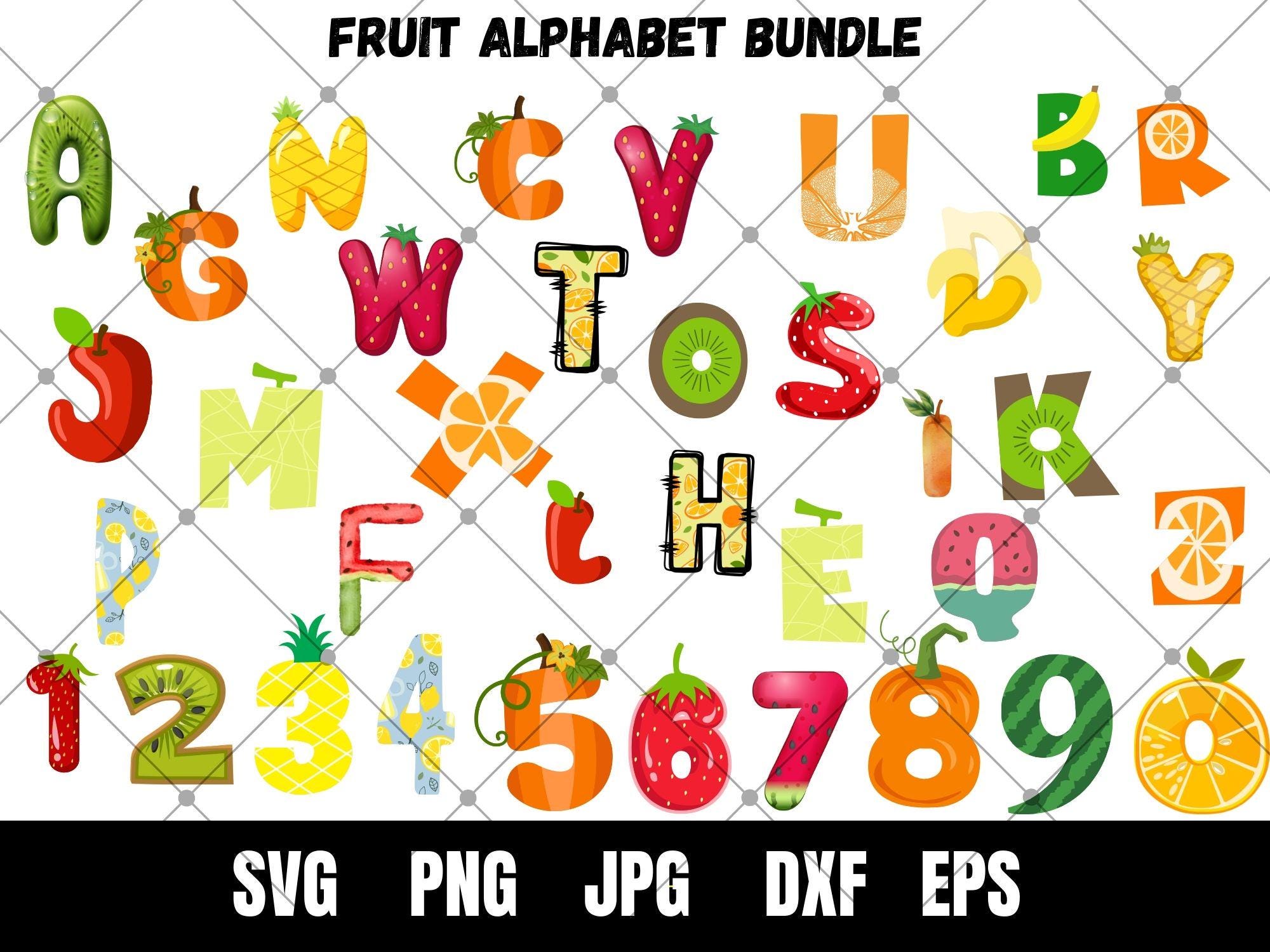 Fruit Alphabet SVG Bundle, Clipart Fonts, Numbers, Letters (digital ...