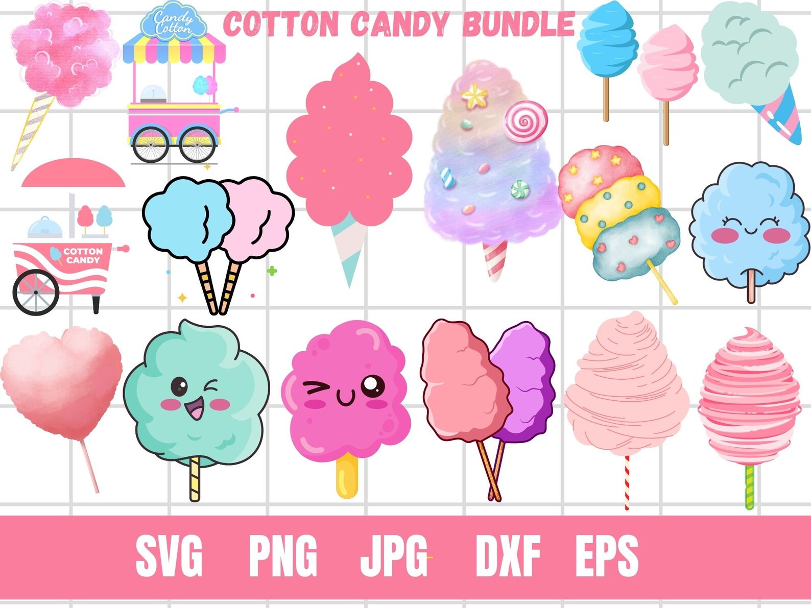 Cotton Candy Vector Clipart Set / Outline & Stamp Drawing Illustrations ...