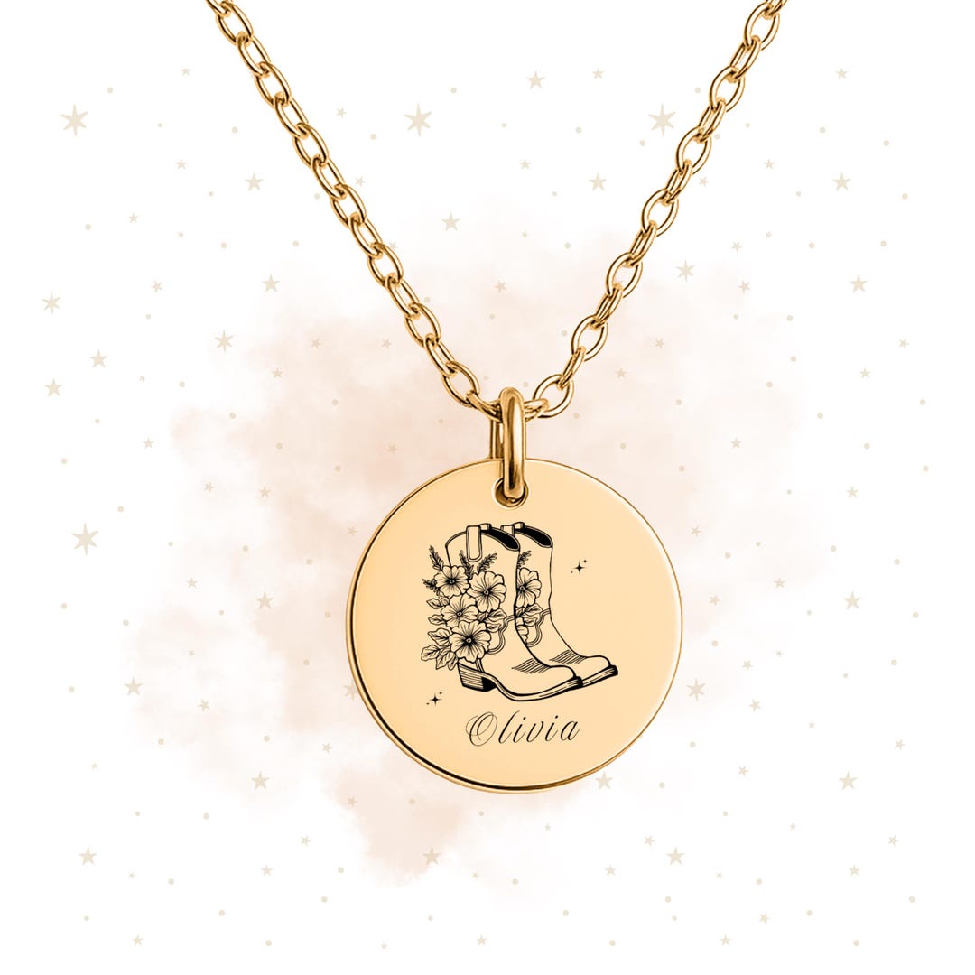 Cowgirl Boots Custom Name Engraved Necklace, Floral Cowboy Boots ...