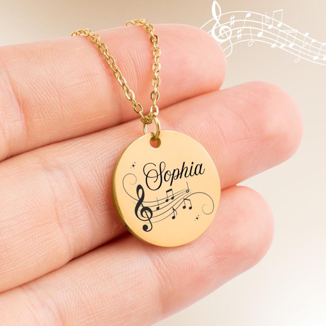18K Gold Music Note Necklace • Custom Name Disc • Treble Clef Pendant ...