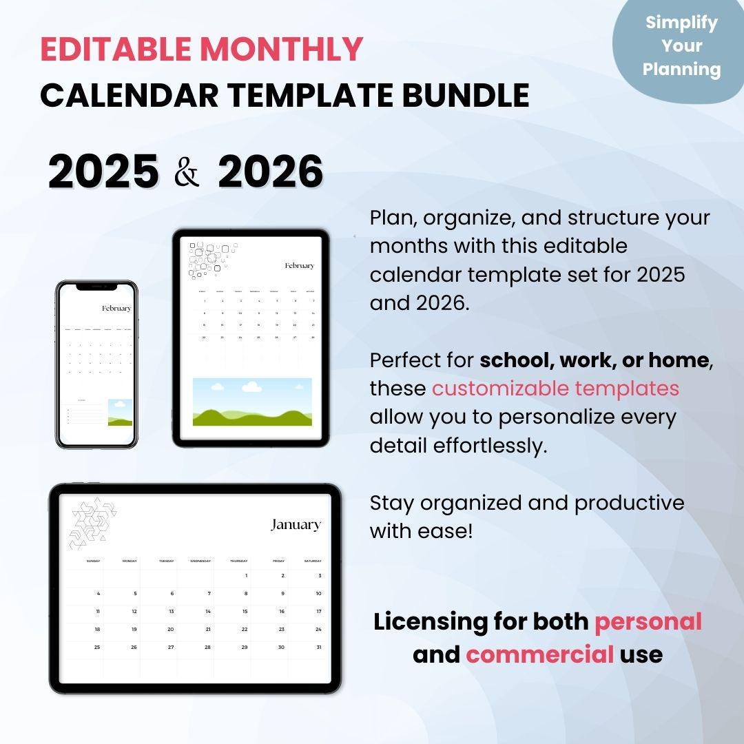 Editable Monthly Calendar Template Bundle 2025 & 2026 – Customizable ...
