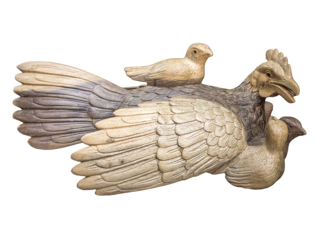 Handmade Hibiscus Wood Chicken Sculpture: Mother and Chicks Carving - Etsy