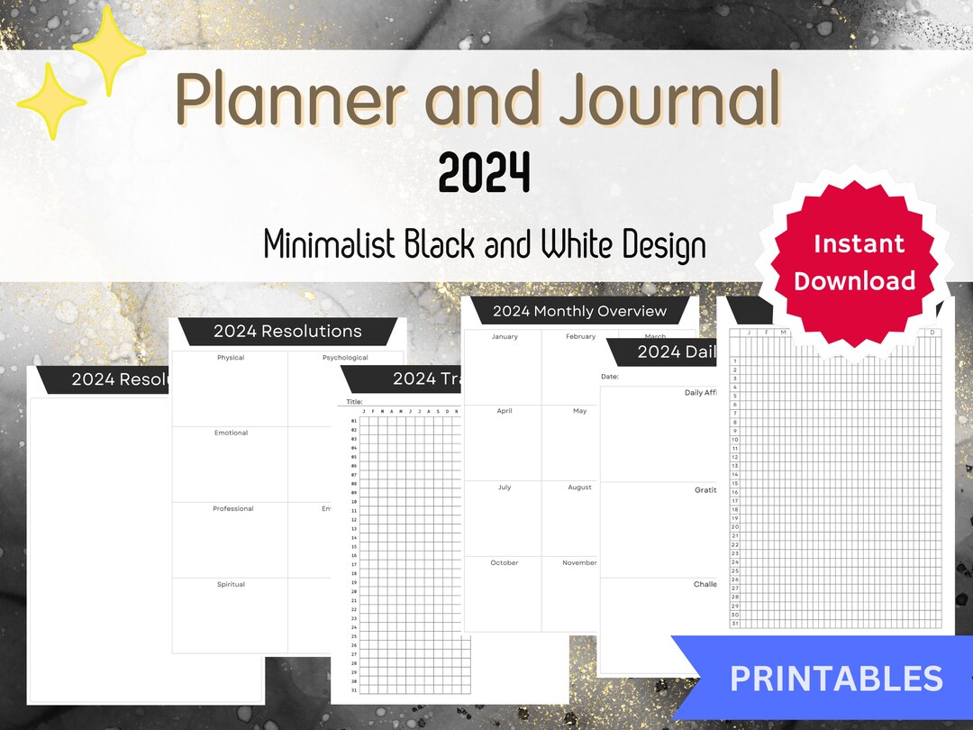 2024 Minimalist Black and White Planner and Journal Overview Daily ...