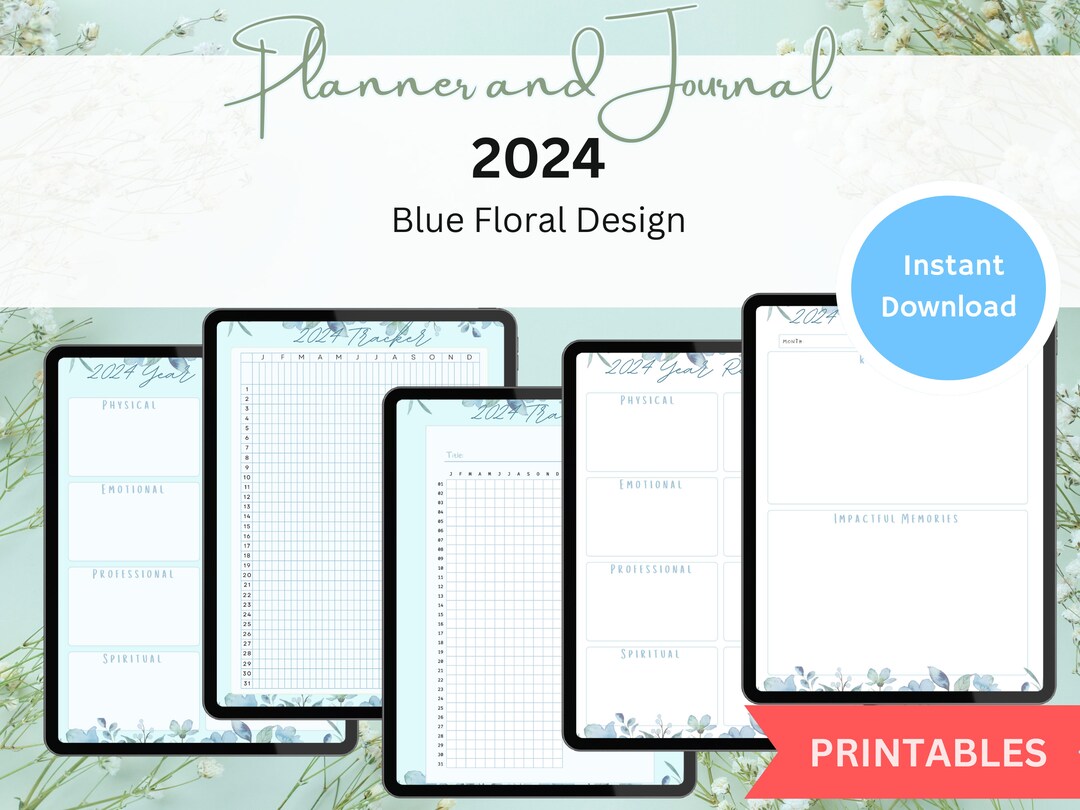 2024 Blue Floral Planner and Journal Overview Daily Weekly Monthly ...