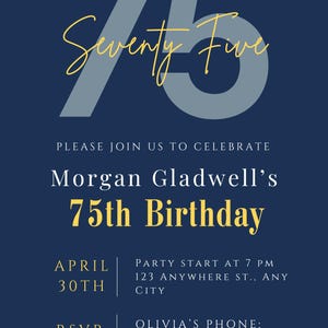 75th Birthday Invitation Editable Digital Invite Instant Download Mens ...