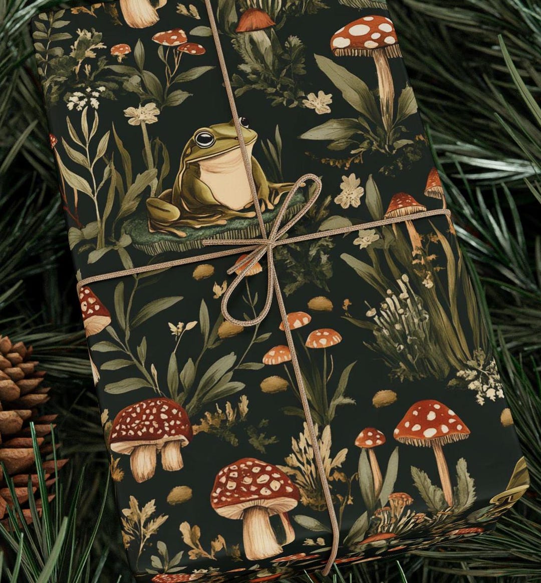 Woodland Frog & Mushroom Wrapping Paper Elegant Nature-inspired Gift ...