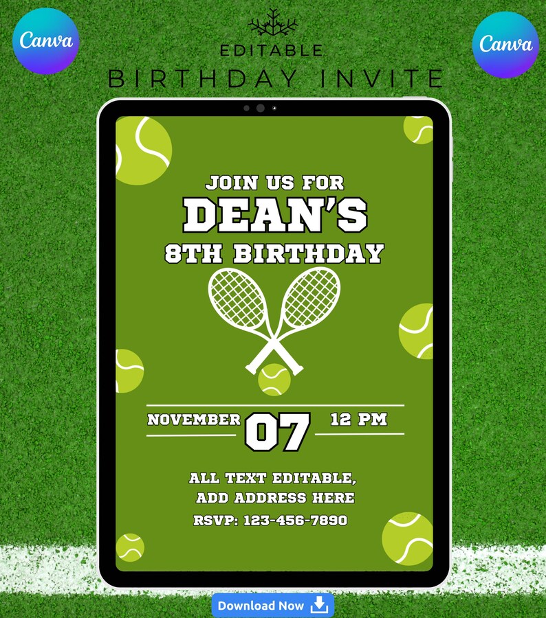 Editable Tennis Birthday Invitation Kids Party Canva Template Printable ...