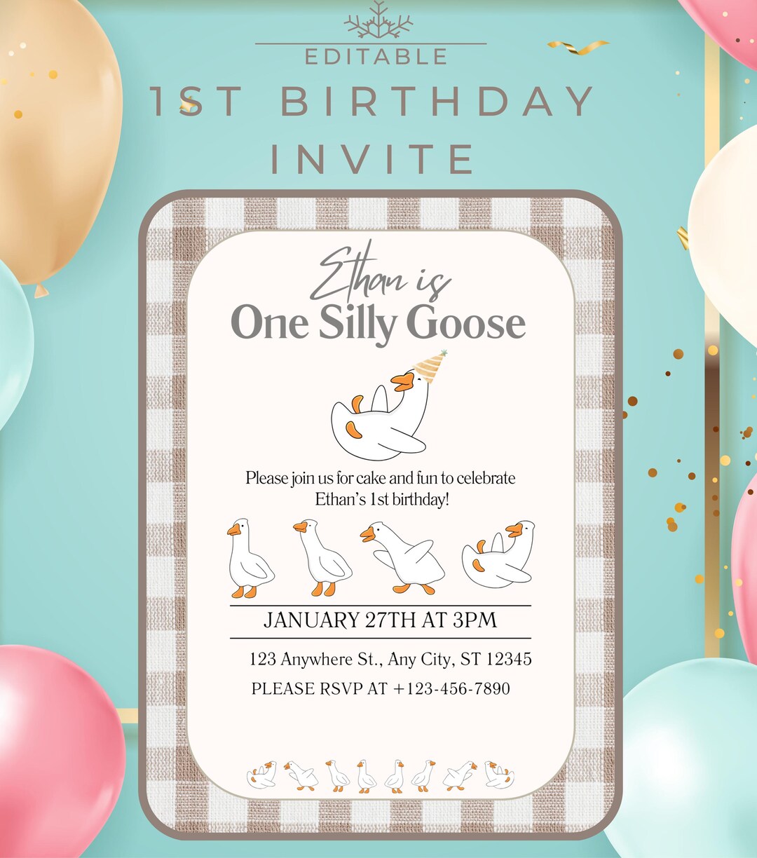 Editable One Silly Goose Birthday Invitation 1st Birthday Silly Goose ...