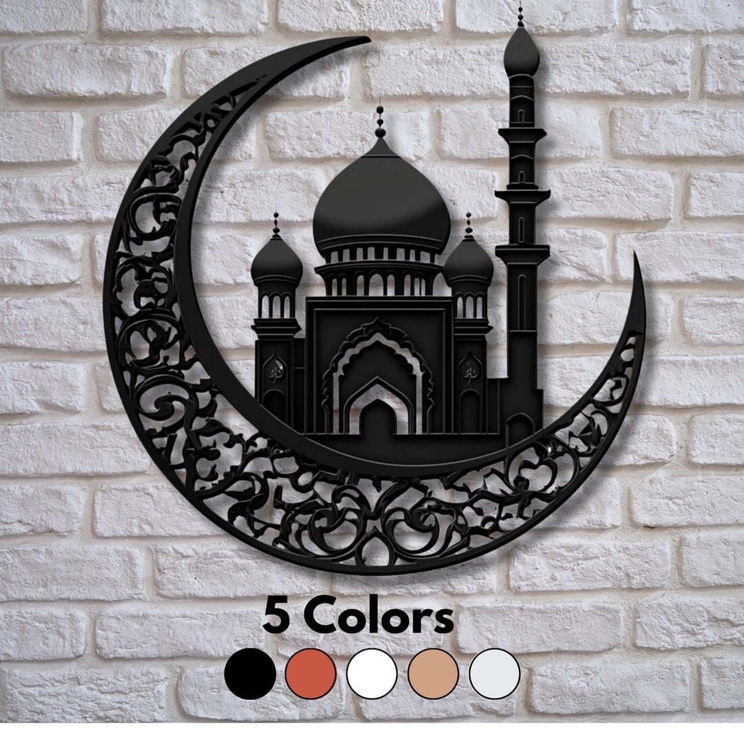 Islamic Crescent Moon Metal Wall Art With Mosque Ramadan & Eid Decor ...