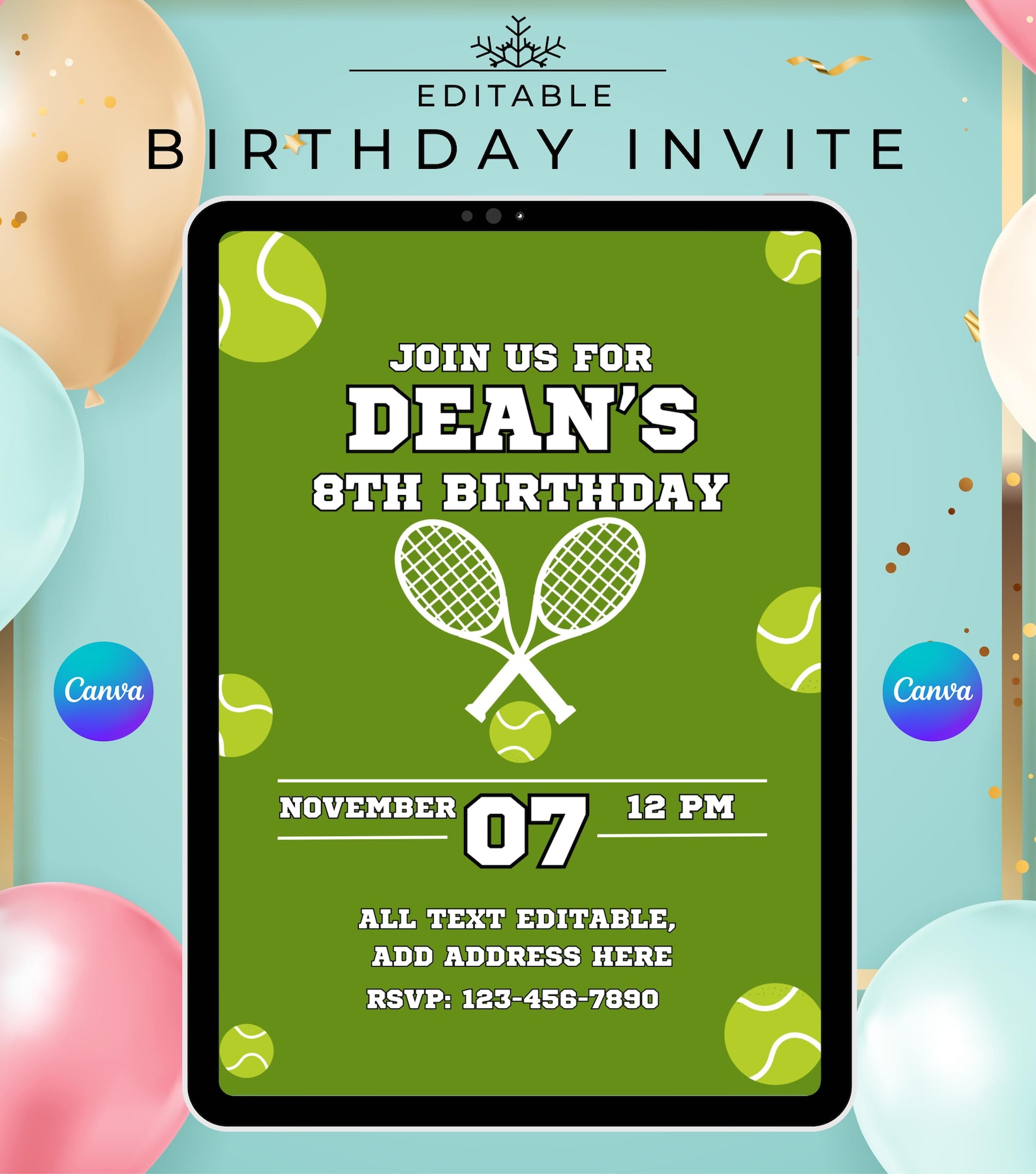 Editable Tennis Birthday Invitation Kids Party Canva Template Printable ...